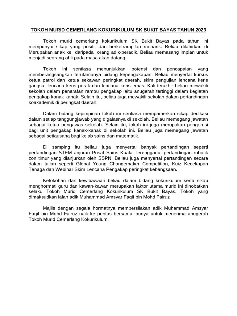 Tokoh Murid Cemerlang Kokurikulum | PDF