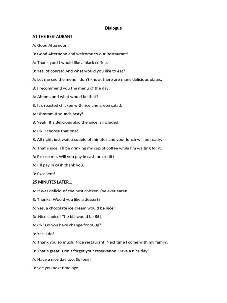 Diálogo en el Restaurante: Menú y Pago | PDF | Alimentos | Cocina