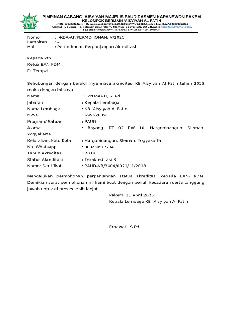 Surat Permohonan Perpanjangan Akreditasi 2025 KBA AL FATIN | PDF