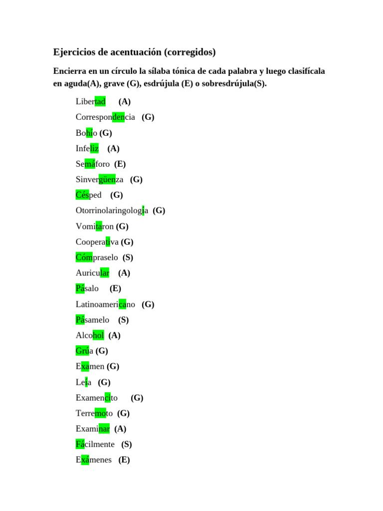 Ejercicios de Acentuación (Corregidos) | PDF