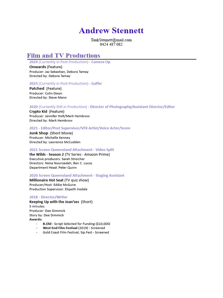 Film CV 2024 - Andrew Stennett | PDF