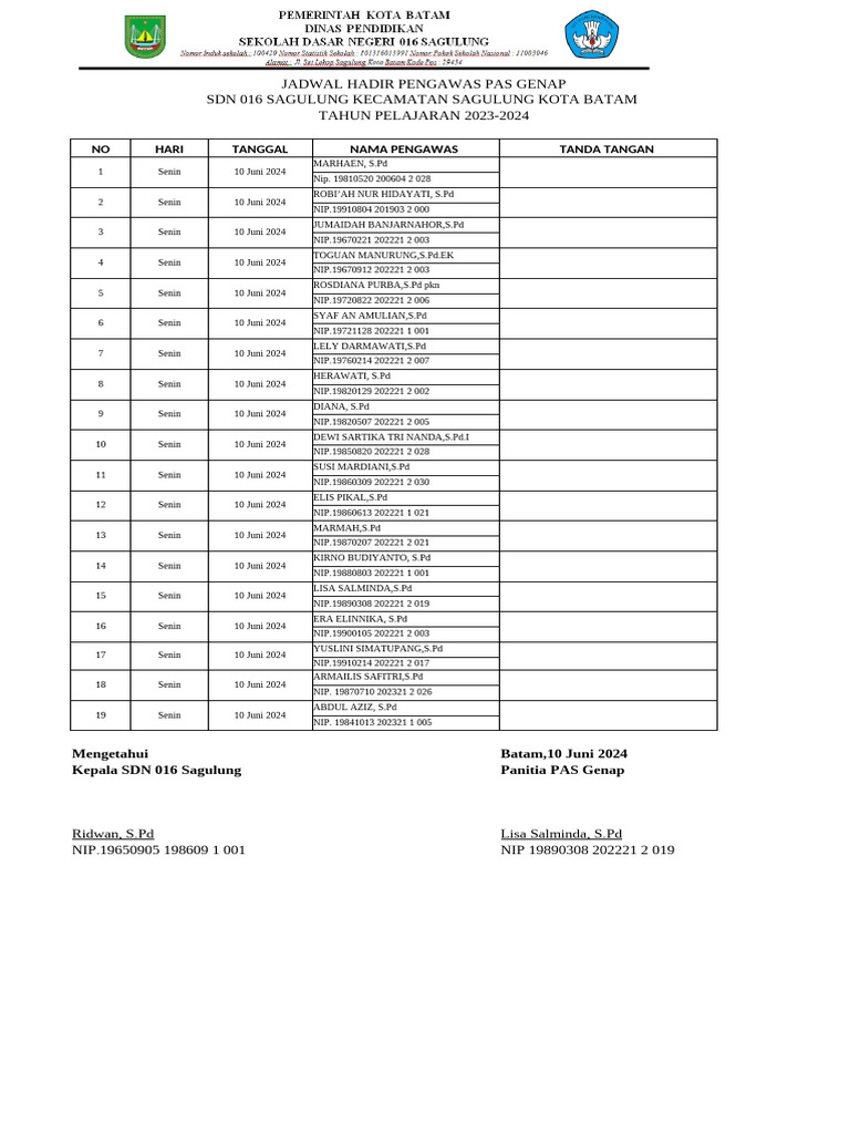 Daftar Hadir Pengawas 2024 | PDF