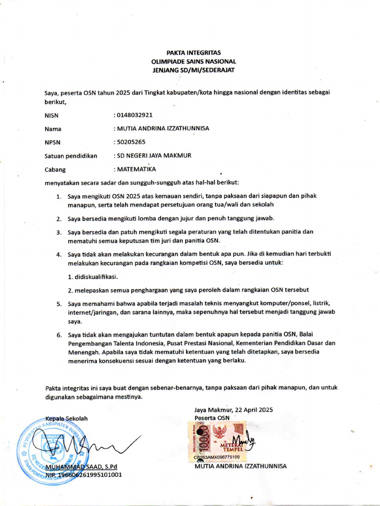 Pakta Integritas Mutia | PDF