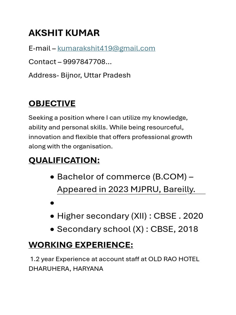 AKSHIT KUMAR Resume | PDF