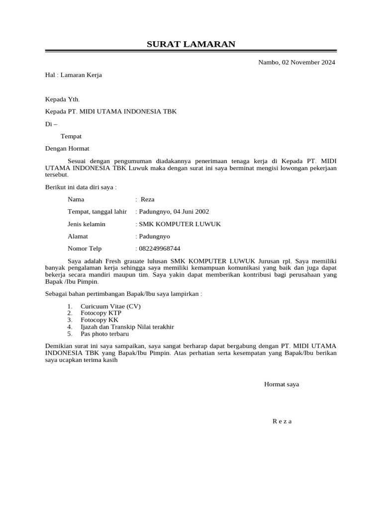 Lamaran Kerja Fresh Graduate SMK | PDF