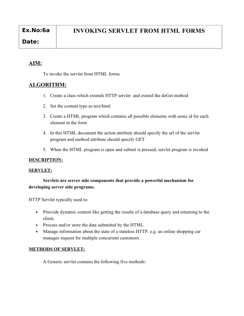 Invoking Servlet From HTML Forms: Ex - No:6a Date | PDF | Java Servlet | Hypertext Transfer Protocol