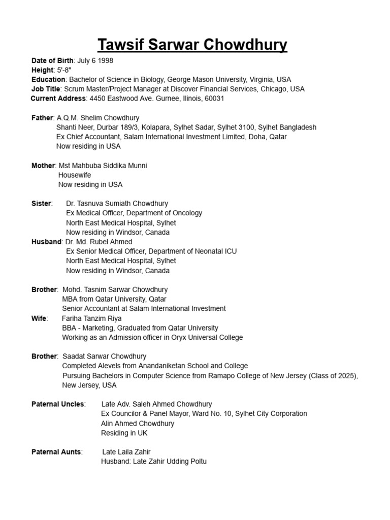 Tawsif Sarwar Chowdhury - Bio Data | PDF