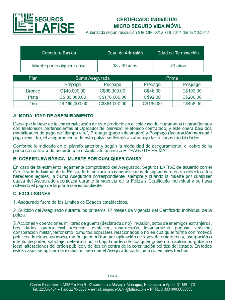 Certificado Individual Microseguro Vida | PDF | Seguro | Póliza de seguros