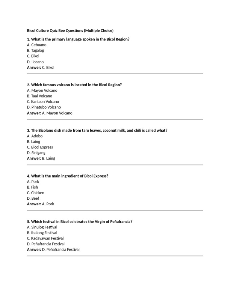 Bicol Culture Quiz Bee Questions | PDF