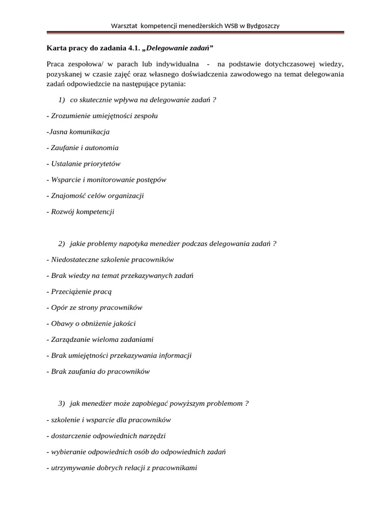 Karta Pracy Zad. 4 Delegowanie Zadań | PDF