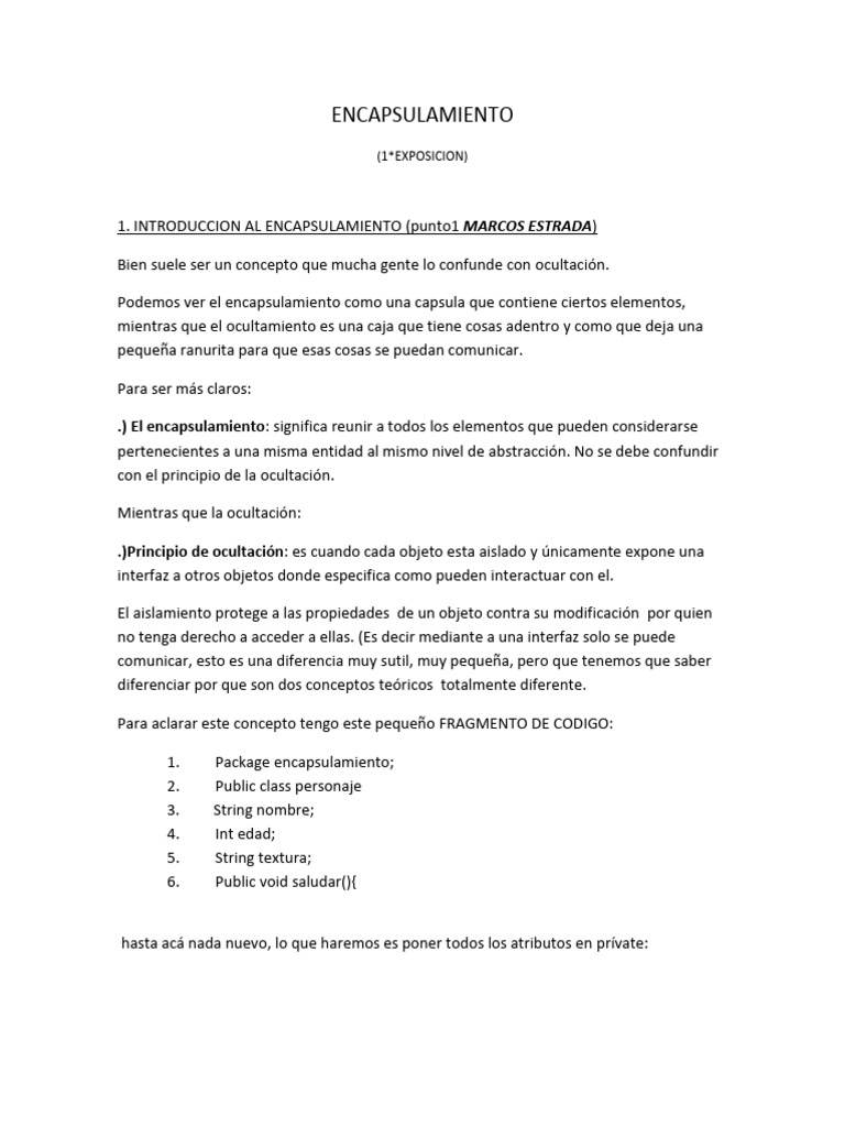 N1expo Encapsulamiento | PDF | Objeto (informática) | Clase (Programación informática)