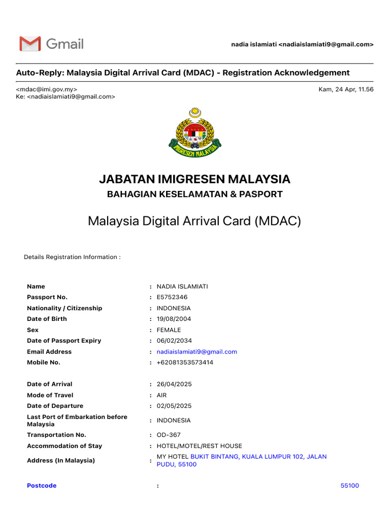 Auto-Reply Malaysia Digital Arrival Card (MDAC) - Registration ...