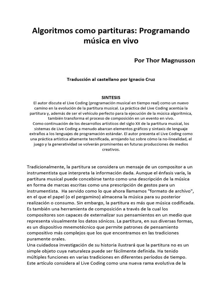 Algoritmos Como Partituras - Programando Música en Vivo - Thor Magnusson (Castellano) | PDF ...