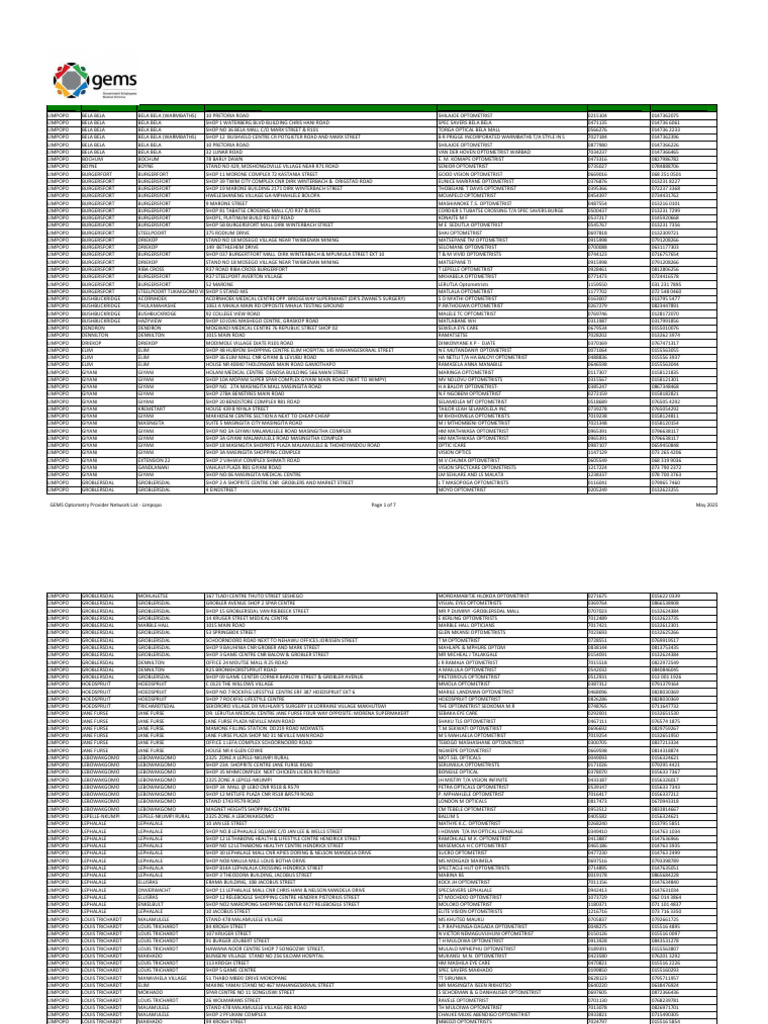 GEMS Optometry Network Providers - Limpopo | PDF | Optometry | Eye