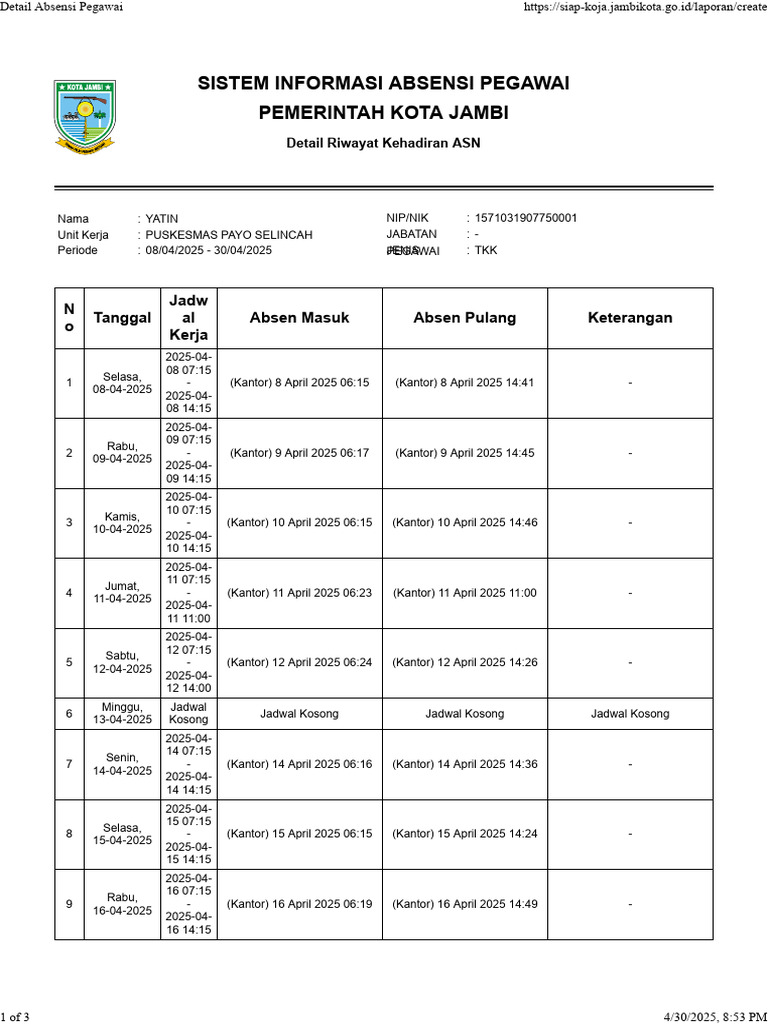 Absen Pakde Yatin Bulan April 2025 | PDF