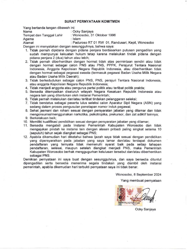 Surat Pernyataan Komitmen Ocky Sanjaya | PDF