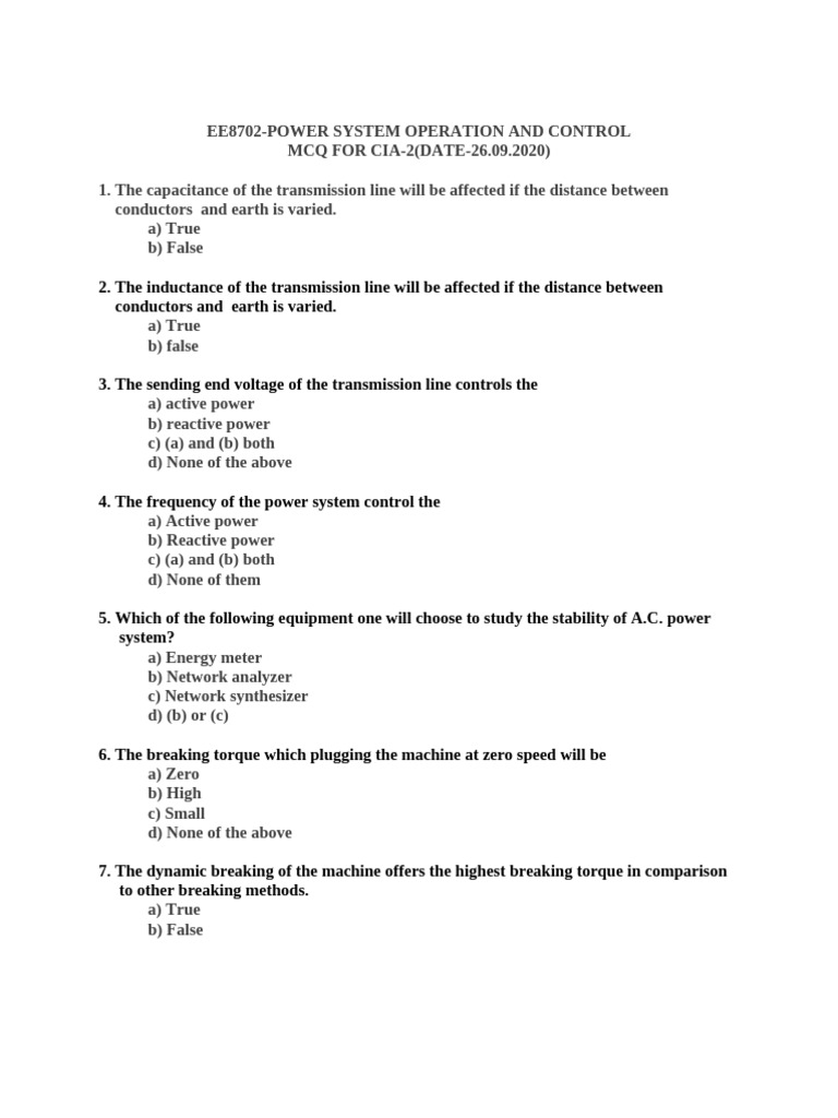 MCQ - Psoc For Cia - 2 | PDF | Electric Power Transmission | Ac Power