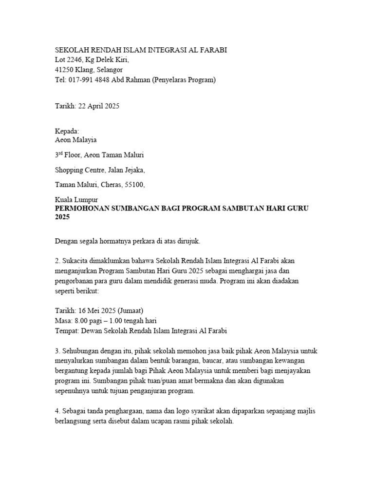 Surat Sumbangan Aeon Malaysia | PDF