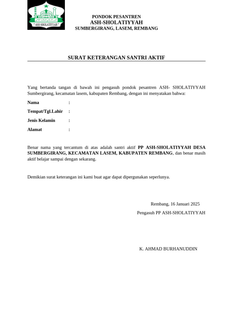 Surat Keterangan Santri Aktif | PDF