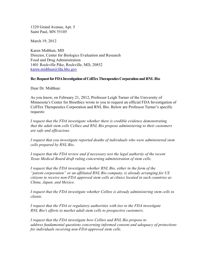 McGeachy FDA Letter Regarding CellTex and RNL Bio | PDF | Food And Drug ...