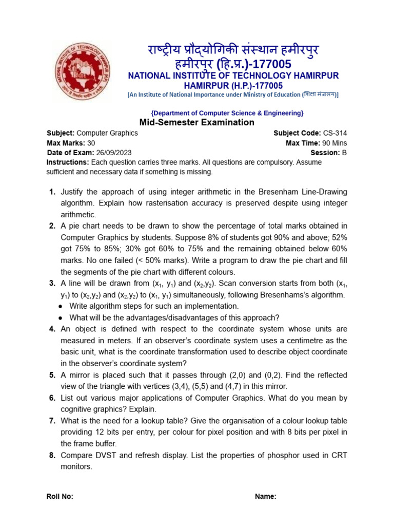 Computer Graphics - Mid Sem - Sept - 2023 | PDF | Theoretical Computer Science | Applied Mathematics