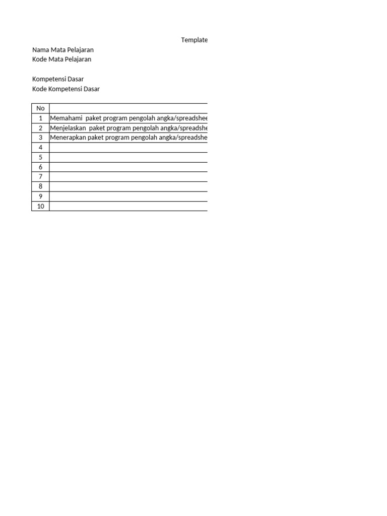 Template TP Mata Pelajaran Aplikasi Pengolah AngkaSpreadsheet Kelas X ...