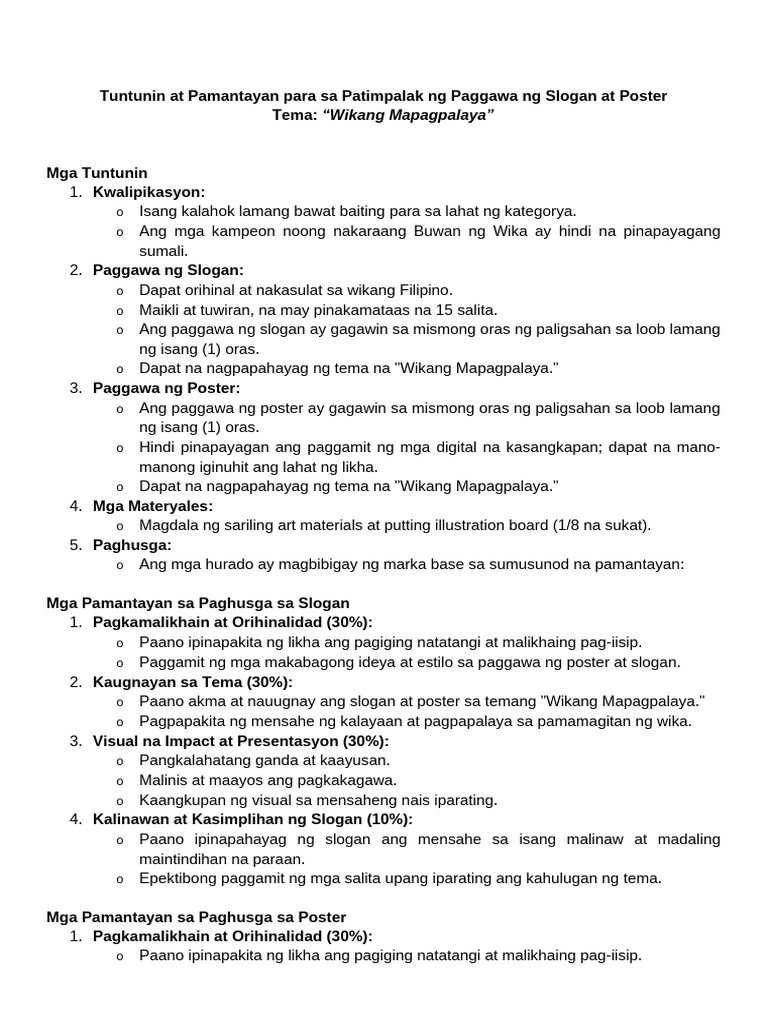 Tuntunin at Pamantayan para Sa Patimpalak NG Paggawa NG Slogan at ...