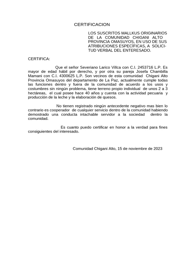Certificación de Vecindad en Chigani Alto | PDF