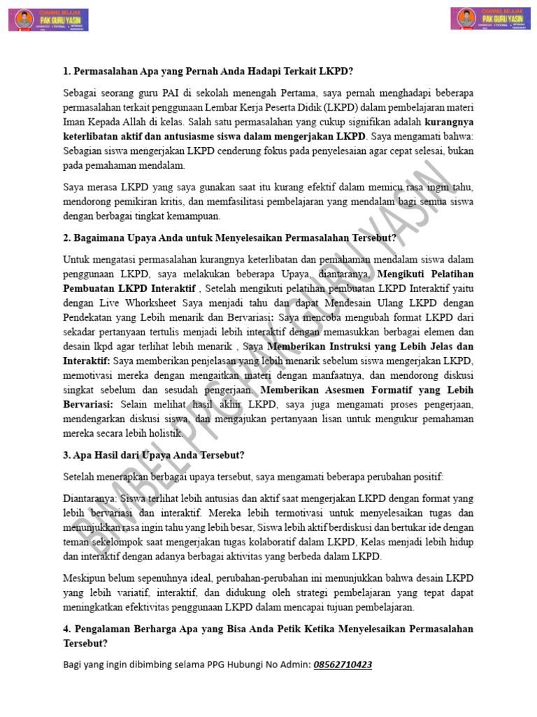 Contoh Studi Kasus Refleksi Diri LKPD - Bimbel PPG Pak Guru Yasin | PDF