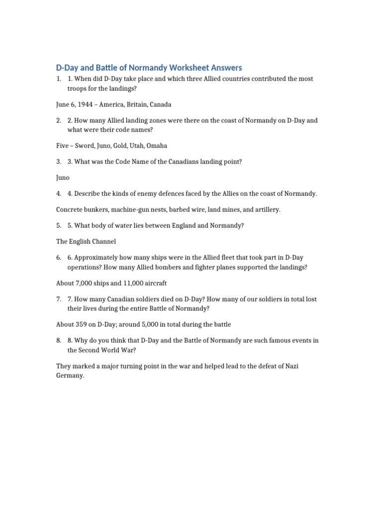 D-Day Worksheet Answers | PDF