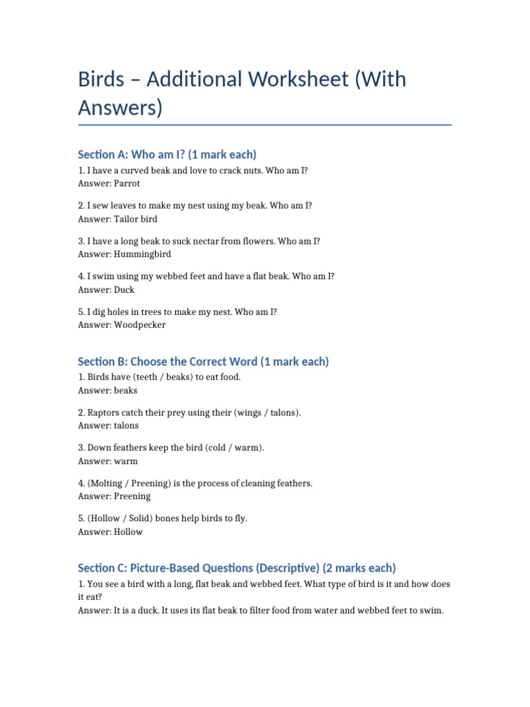 Birds Additional Questions | PDF