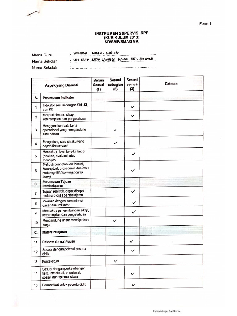 Supervisi RPP Waliana | PDF