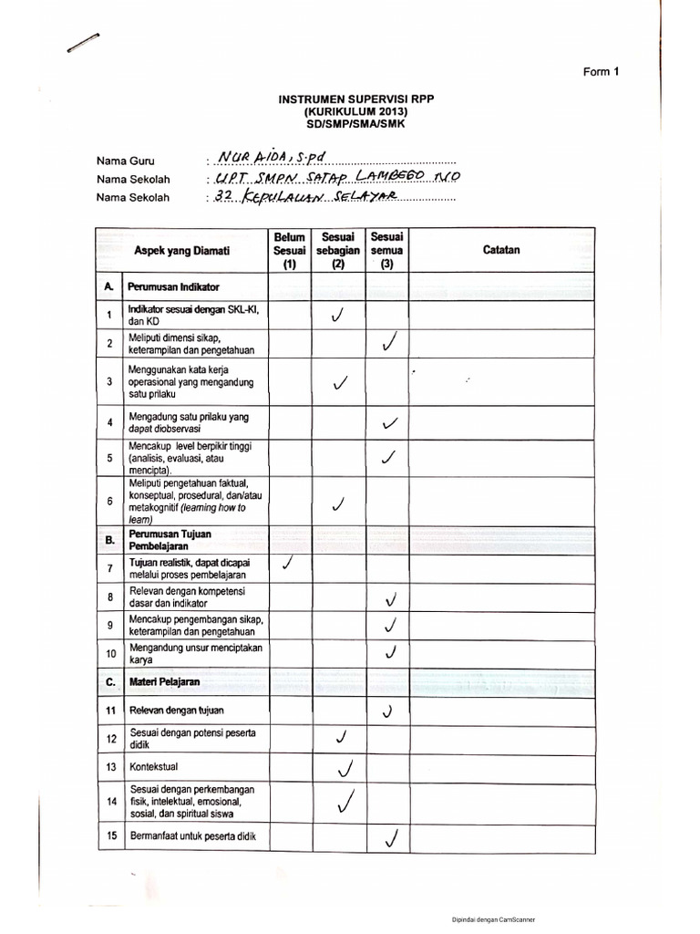 Supervisi RPP Nuraida | PDF