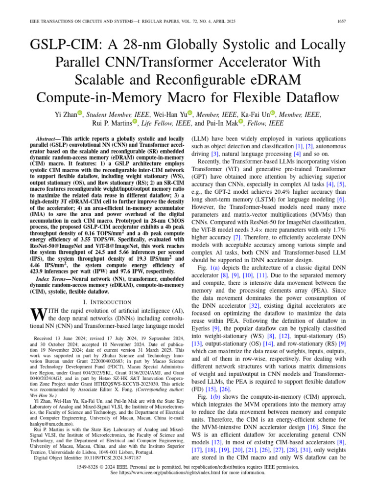 GSLP-CIM A 28-nm Globally Systolic and Locally Parallel CNN Transformer Accelerator With ...