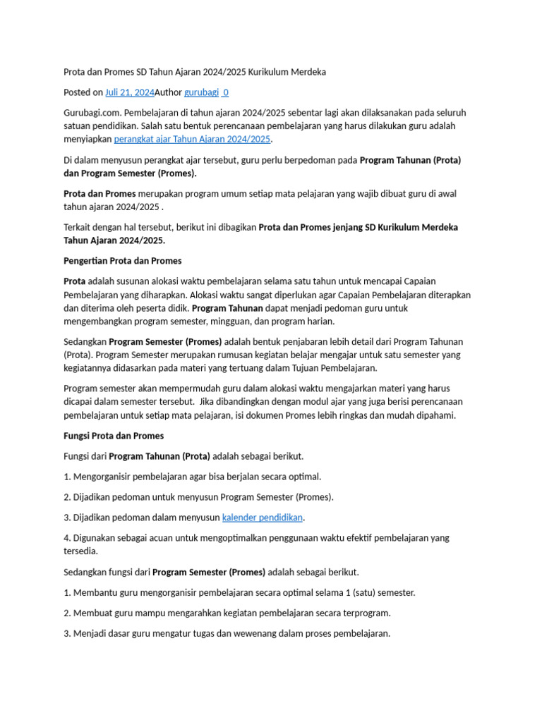 Prota Dan Promes SD Tahun Ajaran 2024 | PDF