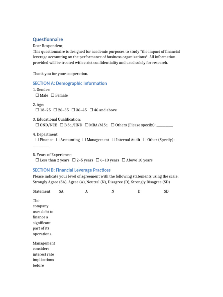 Financial Leverage Impact Questionnaire | PDF | Leverage (Finance) | Debt