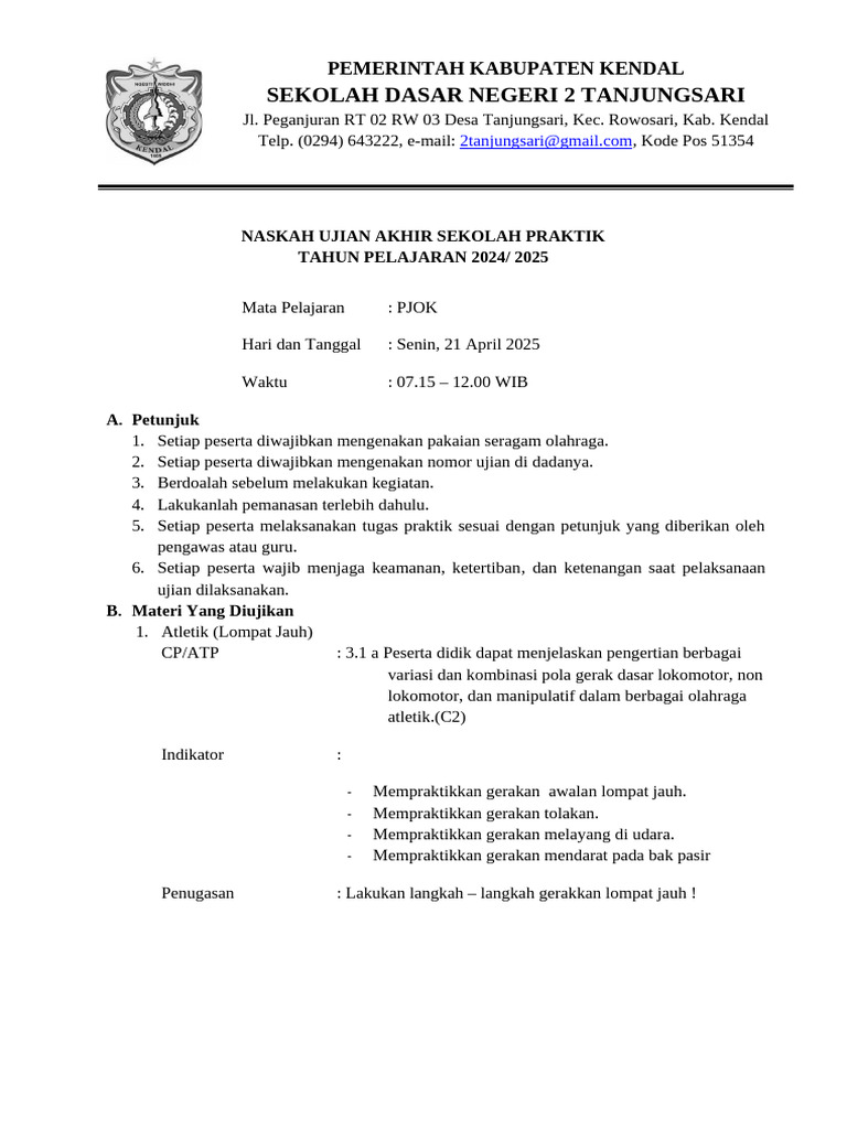 Naskah Ujian Praktek PJOK Kls 6 TA 2024 2025 | PDF