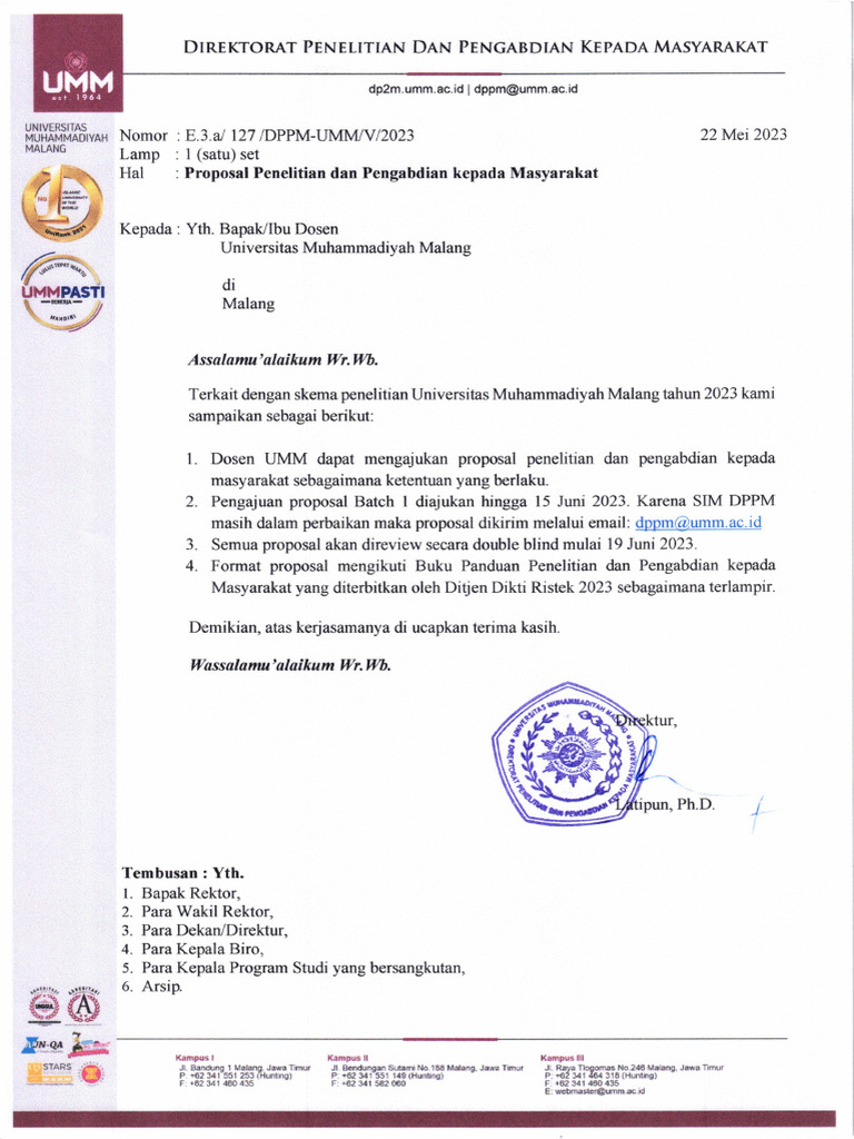 Pemberitahuan Proposal Penelitian dan Pengabdian kepada Masyarakat UMM 2023 | PDF
