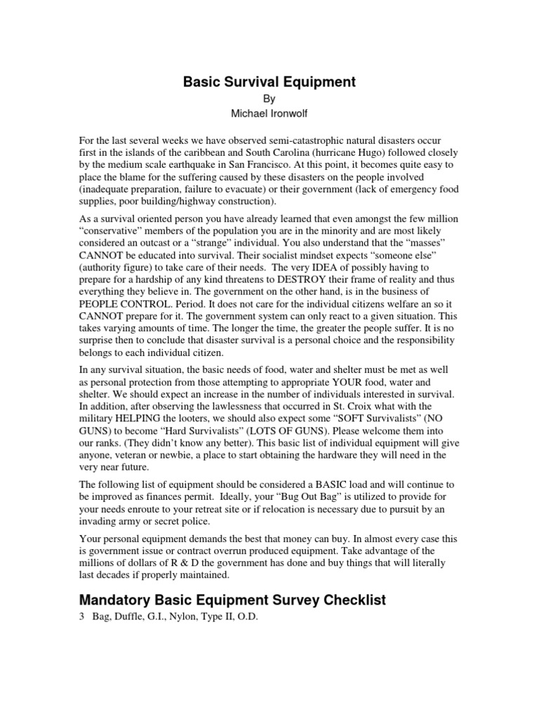 Essential Survival Gear Checklist | PDF | Survivalism | Natural Disasters