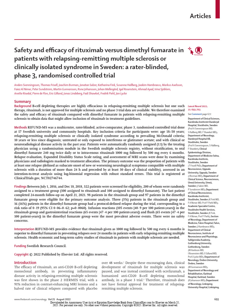 Safety and Efficacy of Rituximab Versus Dimethyl Fumarate In Patients With Relapsing-remitting ...