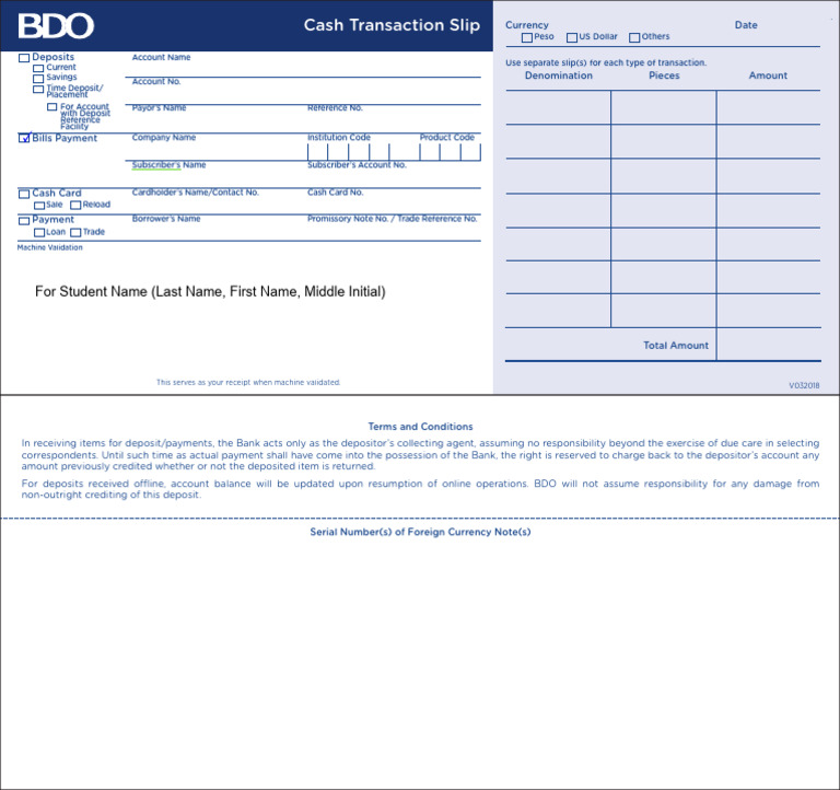 Bdo Cash Transaction Slip | PDF | Cash | Payments