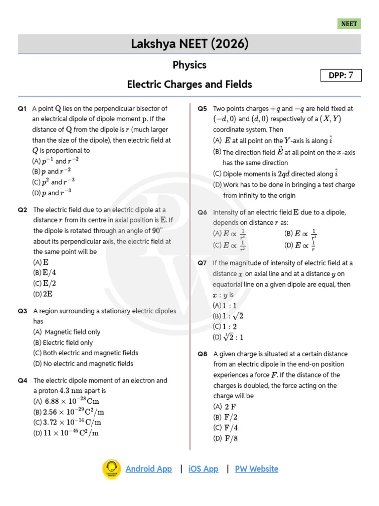 Electric Charges and Fields: DPP | PDF | Dipole | Electromagnetism