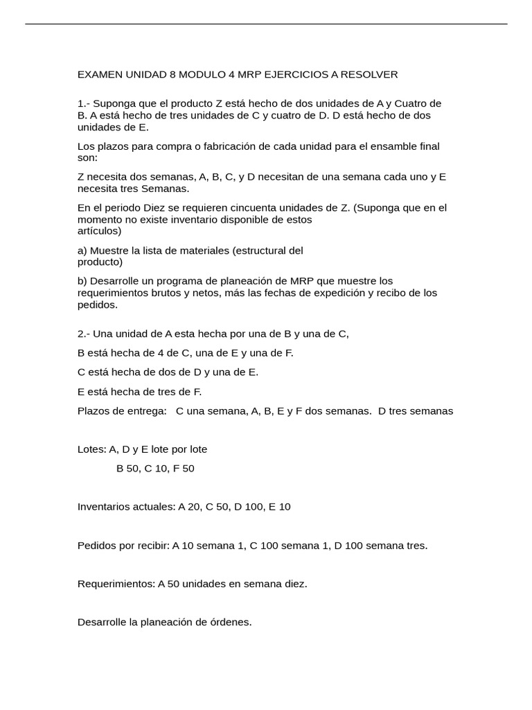 Examen Unidad 8 Modulo 4 MRP Ejercicios A Resolver | PDF