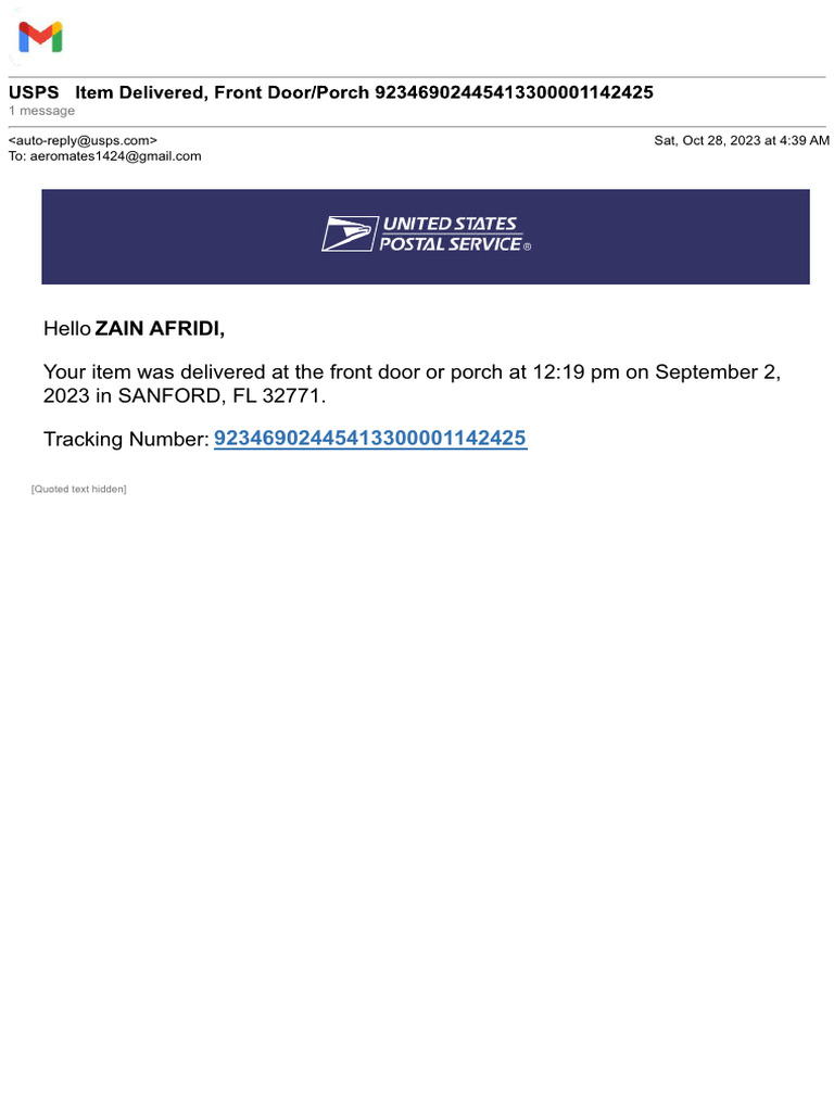 Gmail - USPS® Item Delivered, Front Door_Porch 92346902445413300001142425_compressed | PDF