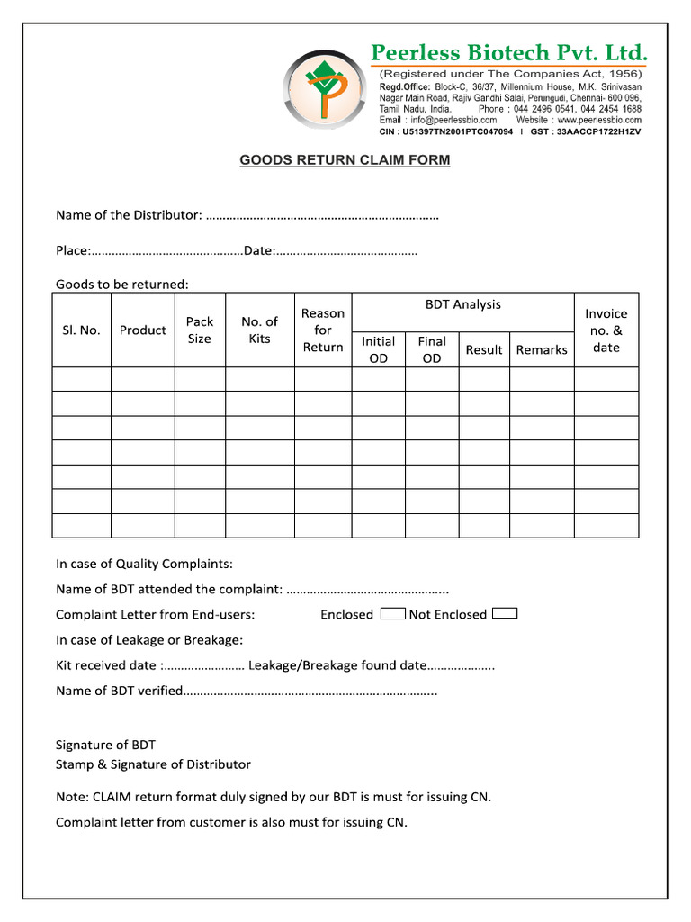 Goods Return Claim Form-1 | PDF