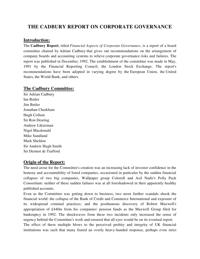 The Cadbury Report On Corporate Governance | PDF | Board Of Directors | Corporate Governance