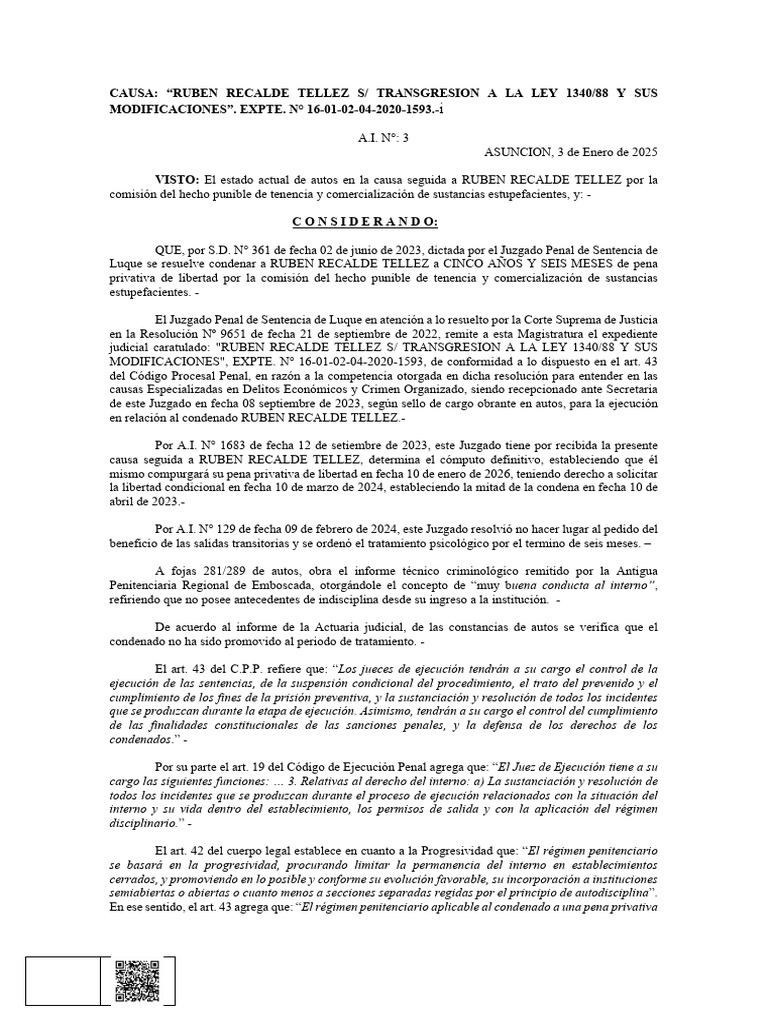 Causa: "Ruben Recalde Tellez S/ Transgresion A La Ley 1340/88 Y Sus MODIFICACIONES". EXPTE. #16 ...