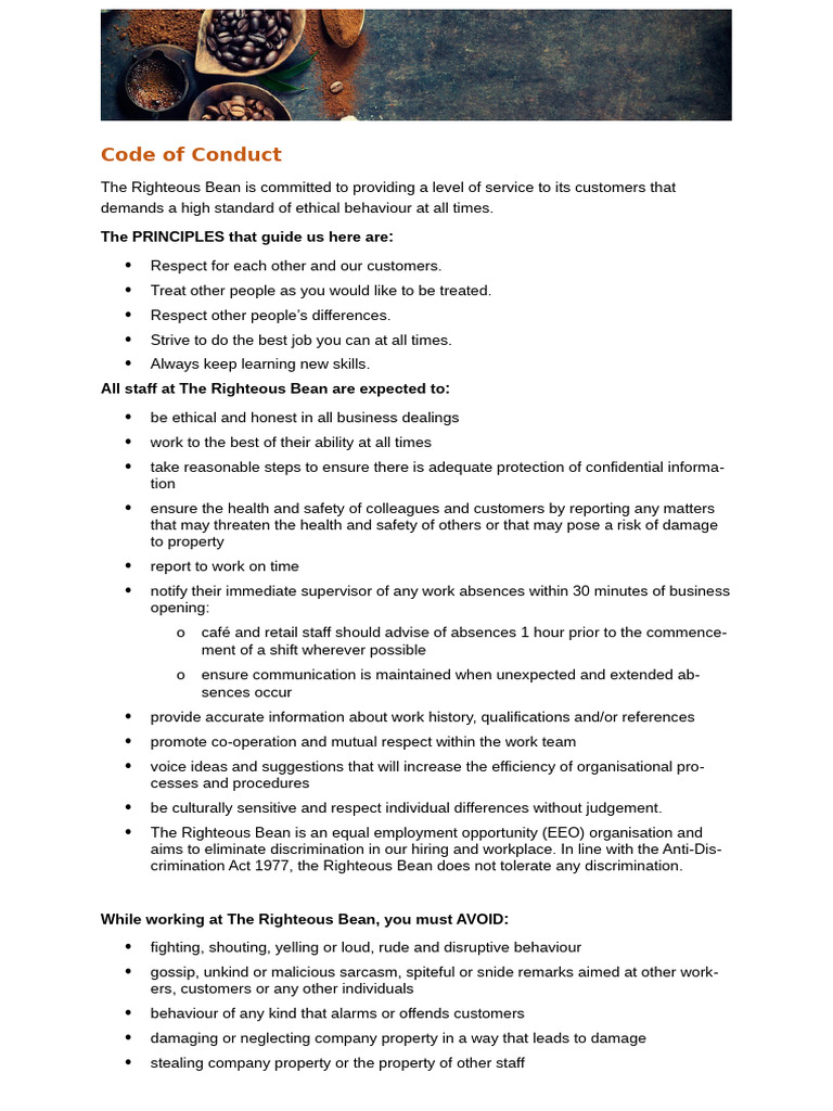 Righteous Bean Code of Conduct1 | PDF | Occupational Safety And Health ...