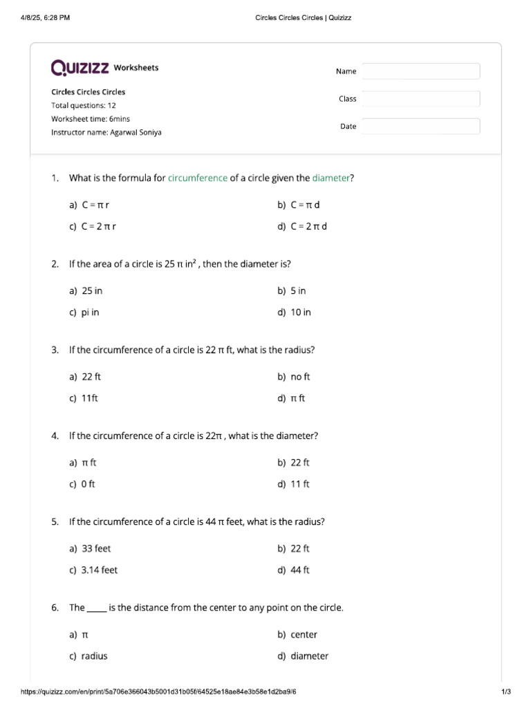 Circles Worksheet | PDF