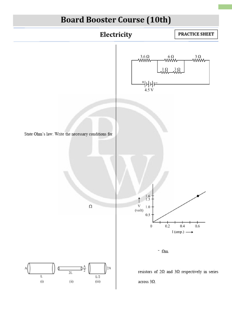 Physics 03 - Electricity - Practice Sheet - (10th Board Booster) | PDF ...